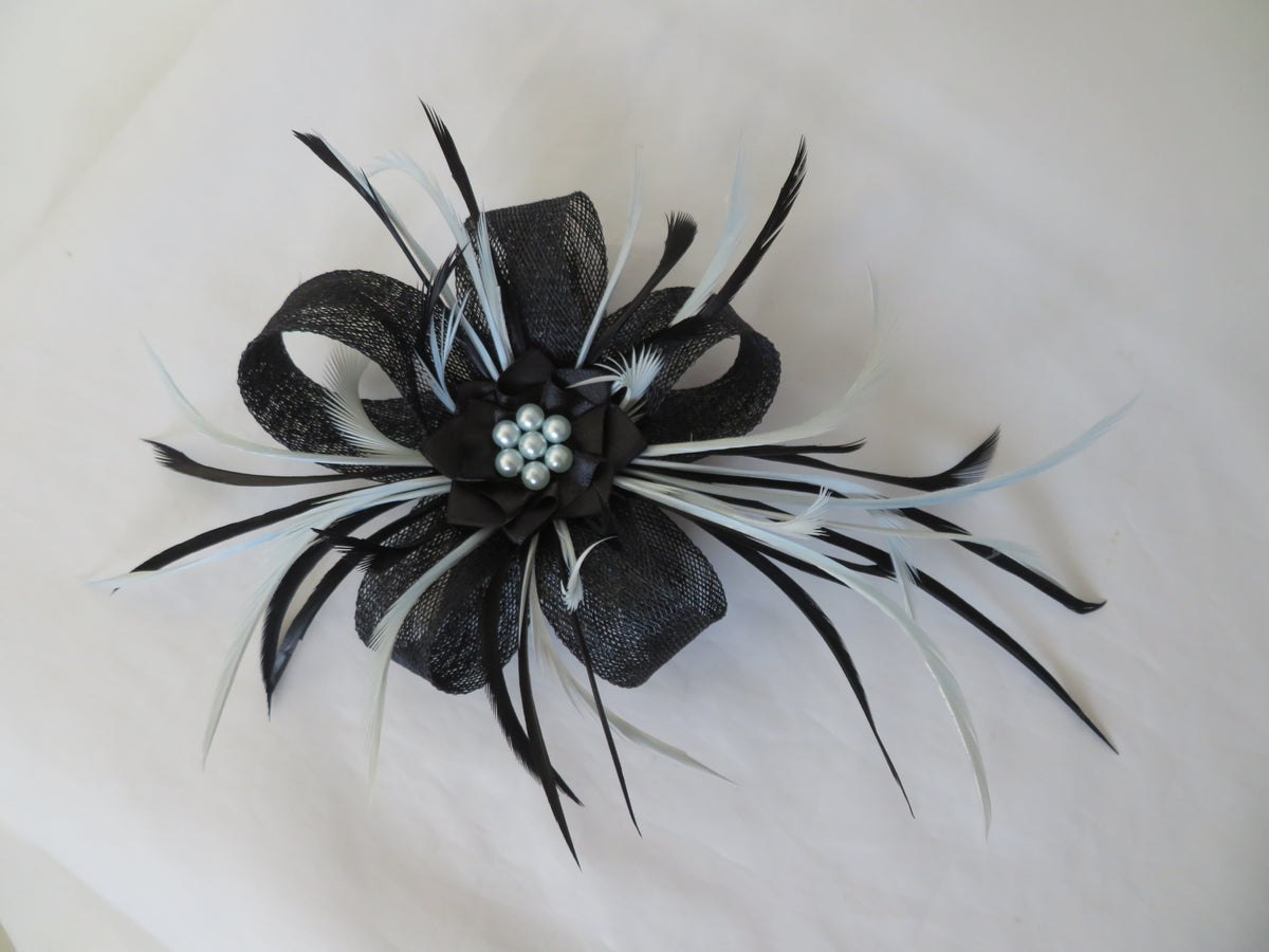 Black and Pale Blue Lily Feather and Sinamay Fascinator Wedding ...