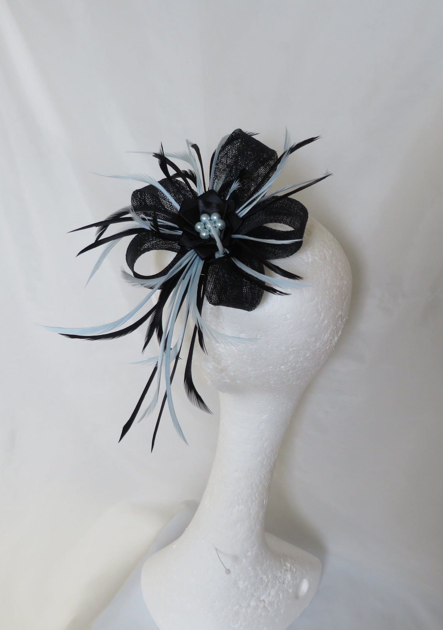 Black and Pale Blue Lily Feather and Sinamay Fascinator Wedding ...