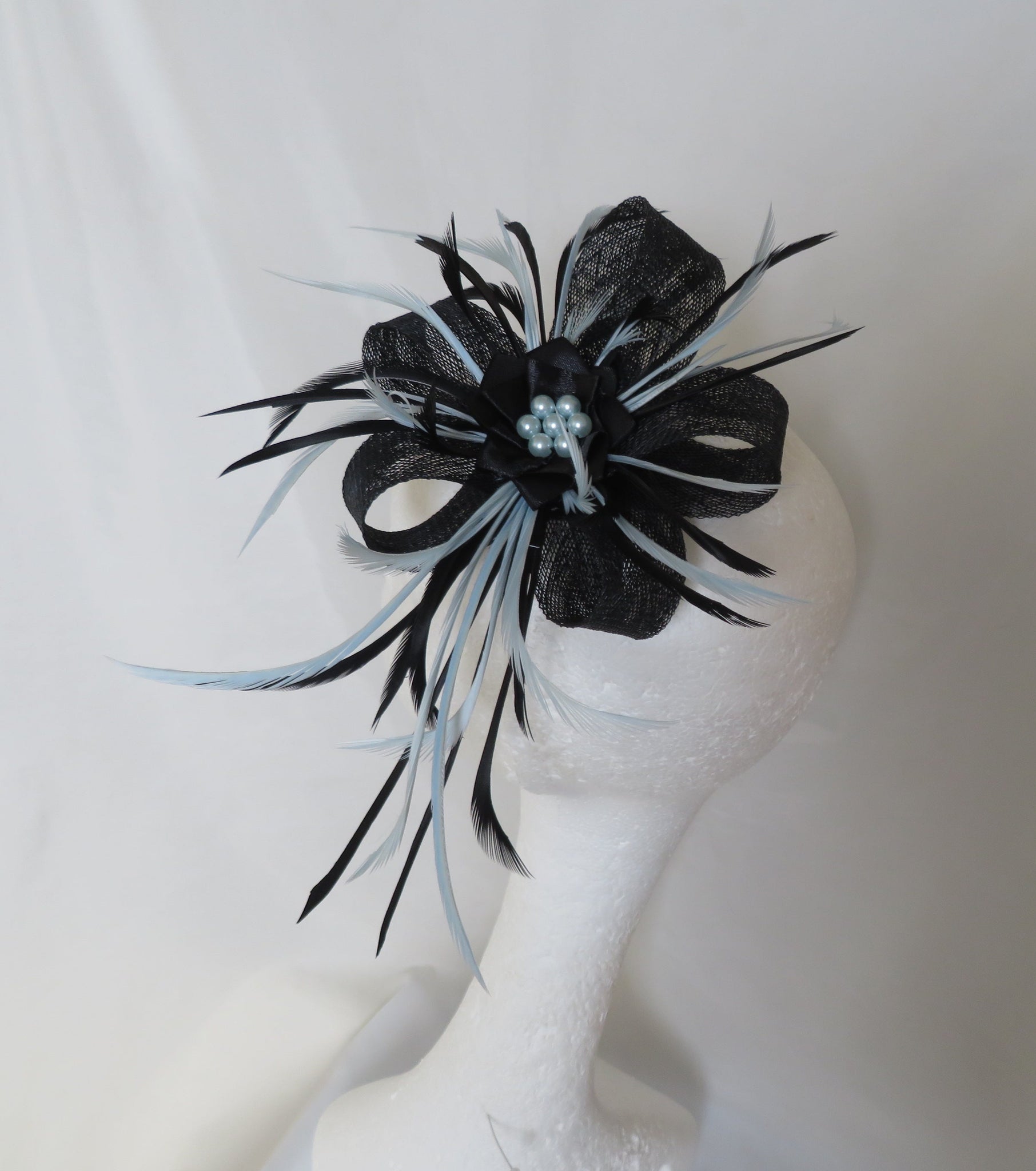 Black and Pale Blue Lily Feather and Sinamay Fascinator Wedding ...