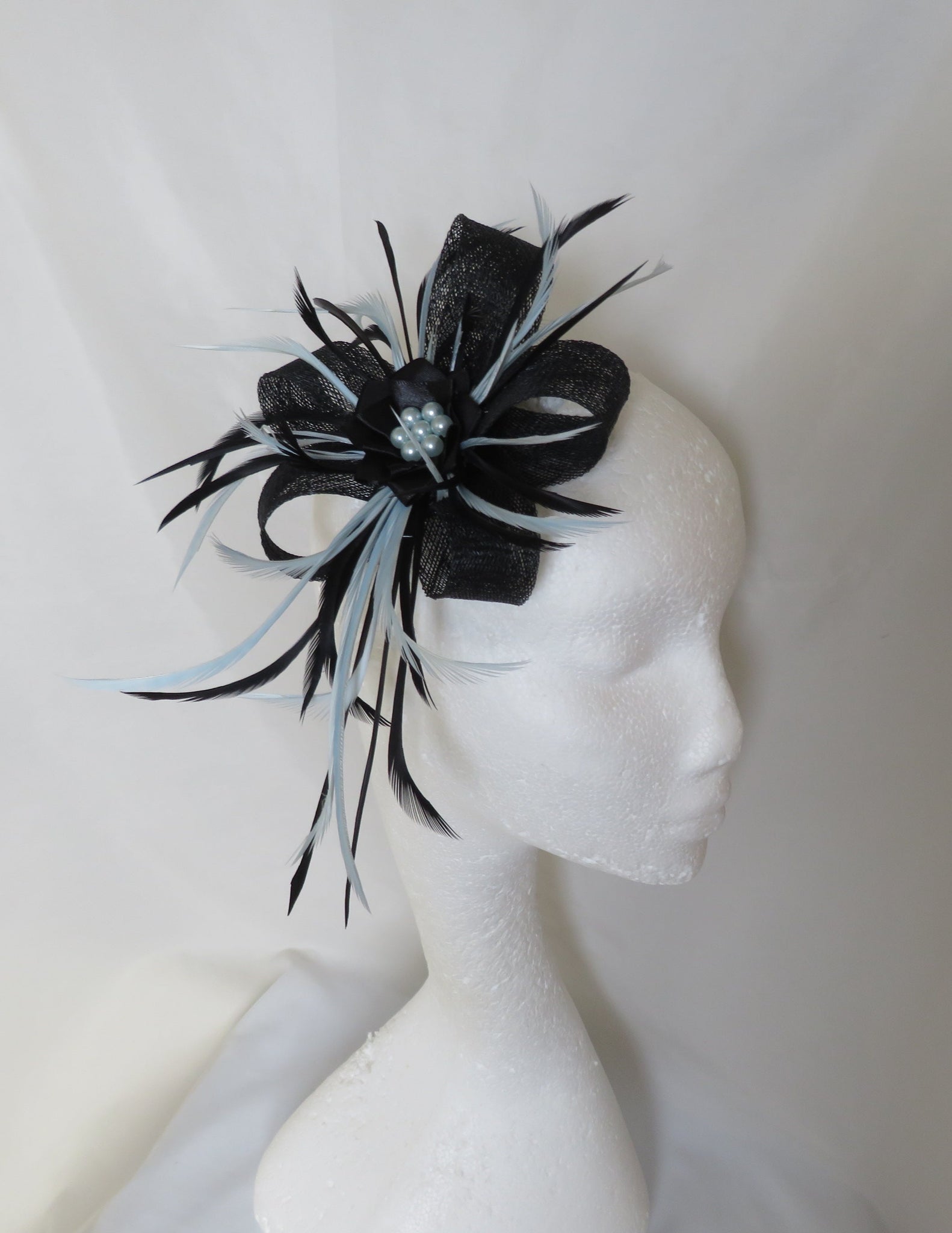 Black and Pale Blue Lily Feather and Sinamay Fascinator Wedding ...