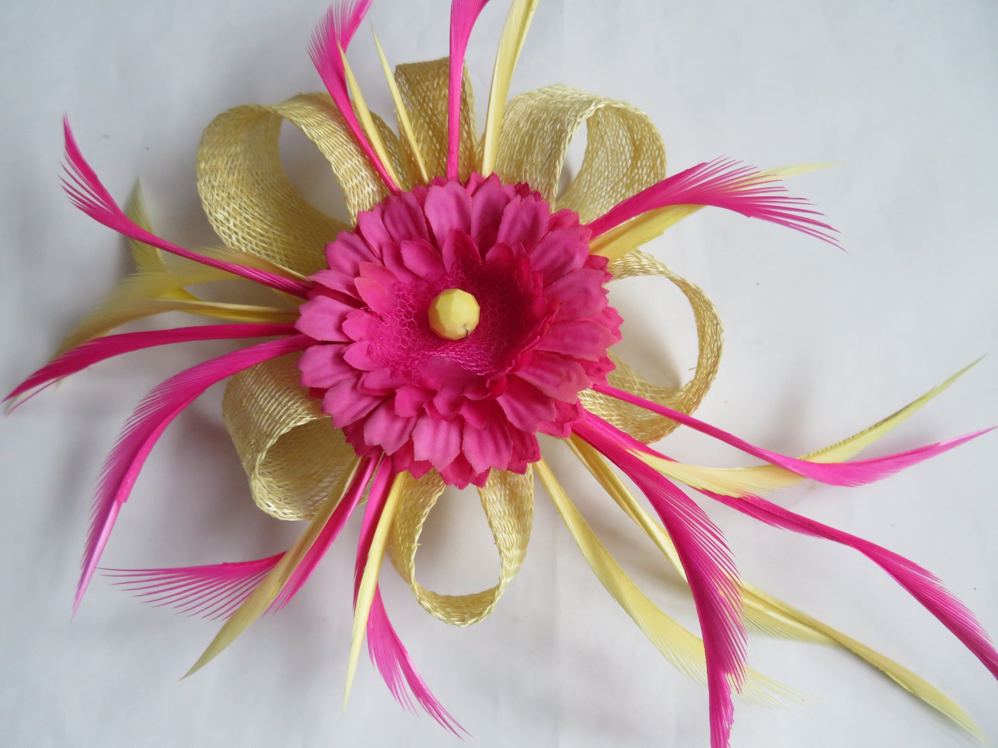 Primrose Yellow and Fuchsia Fascinator Sinamay Loops Flower and Feathers – Indigo Daisy Weddings