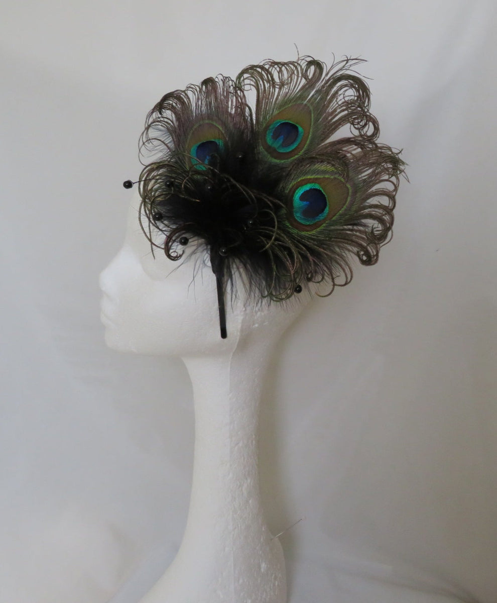 Black Large Victoriana Peacock Feather Regency Headpiece – Indigo Daisy ...