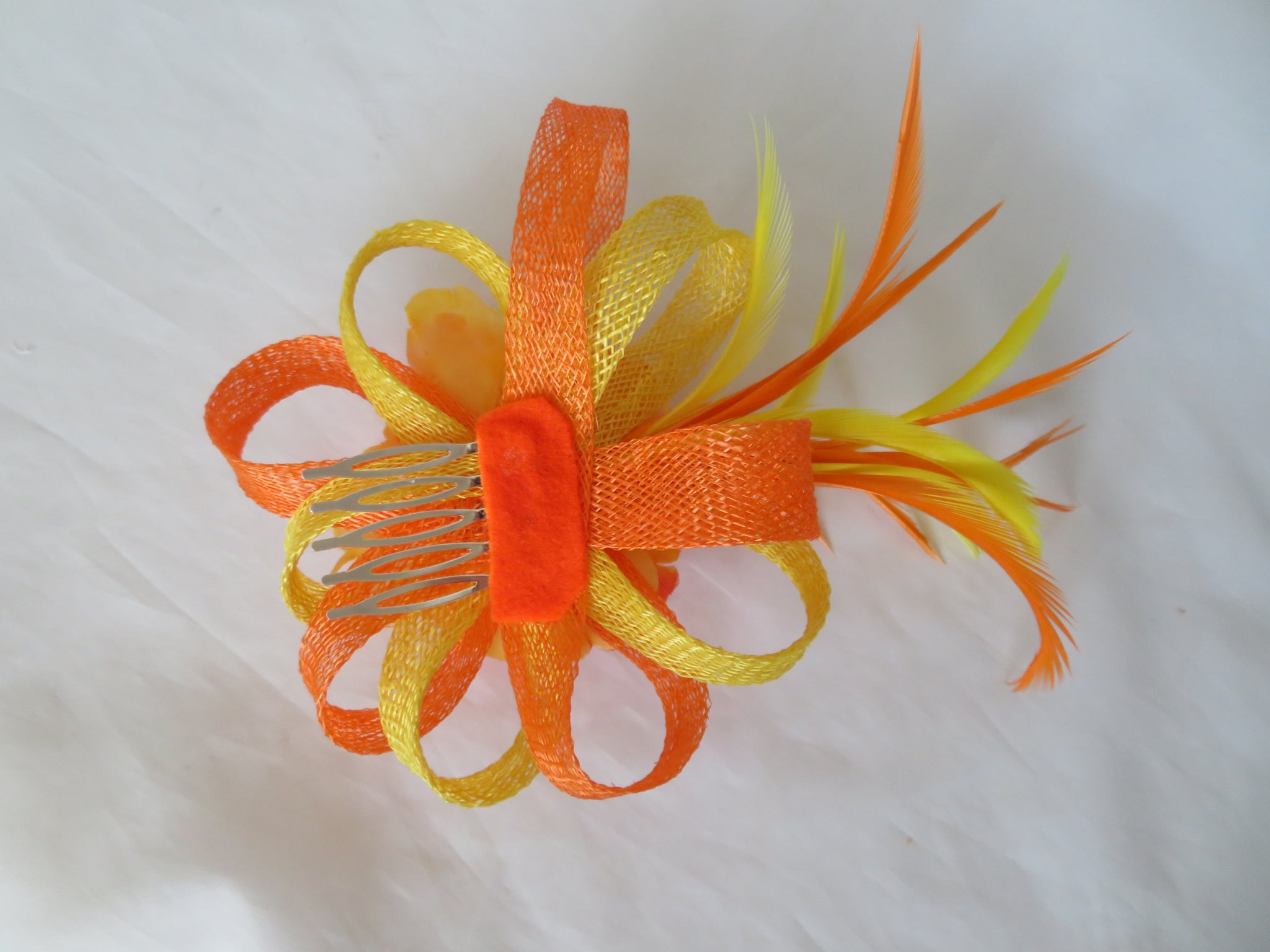 Orange & Primrose Yellow Roxi Sinamay Flower and Feather Hair Clip ...