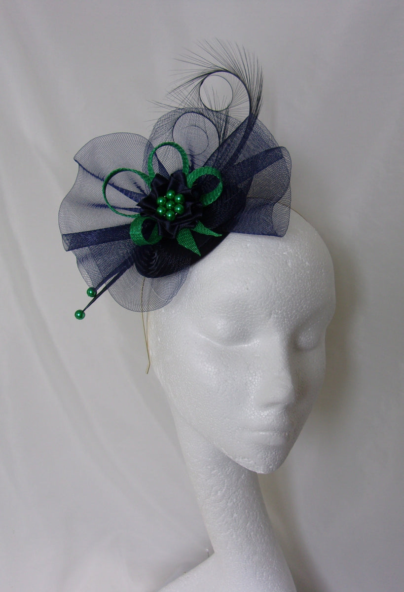 Navy & Emerald Green Elspeth Feather & Crinoline Fascinator Mini Hat ...