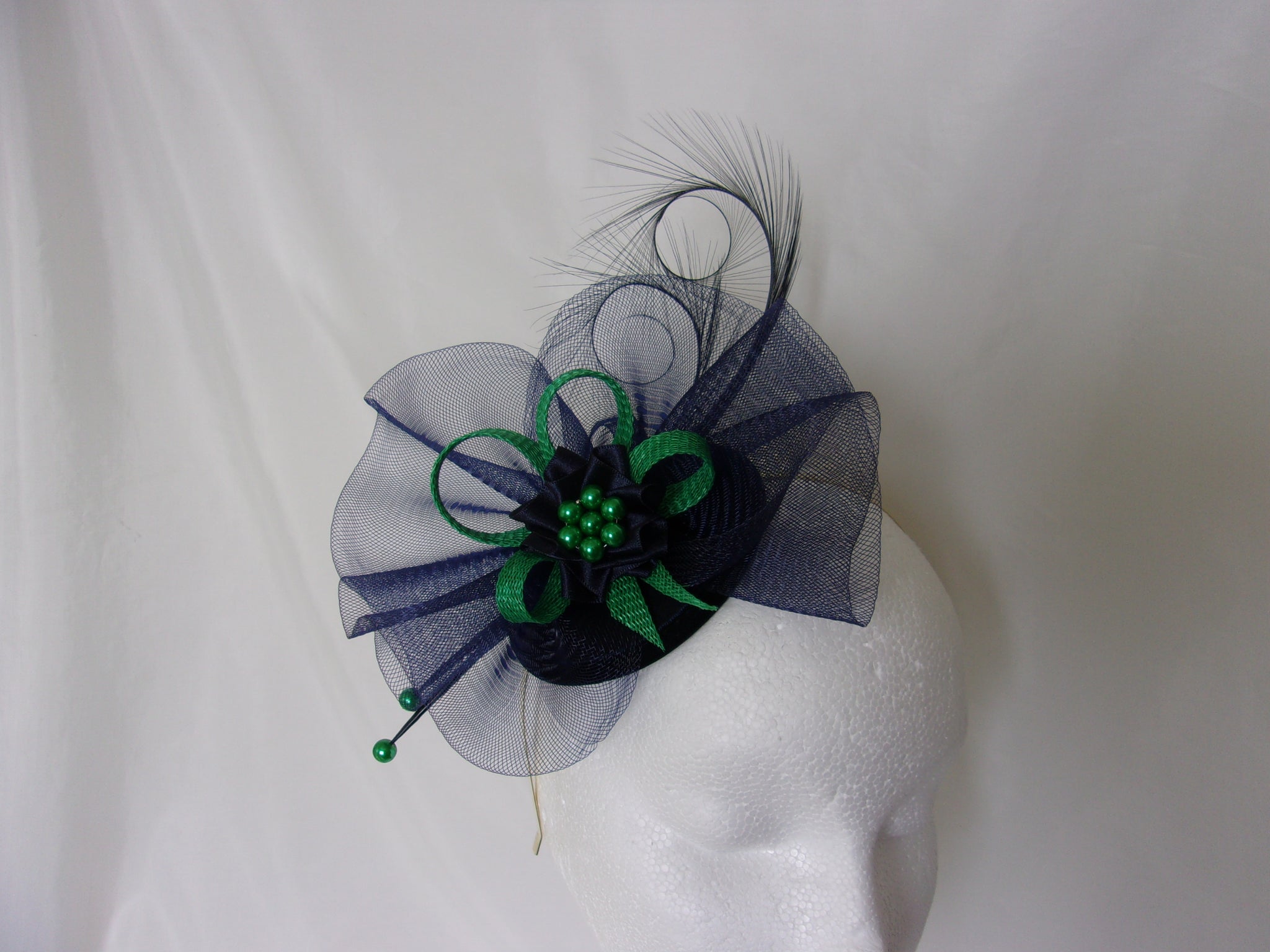 Navy & Emerald Green Elspeth Feather & Crinoline Fascinator Mini Hat ...