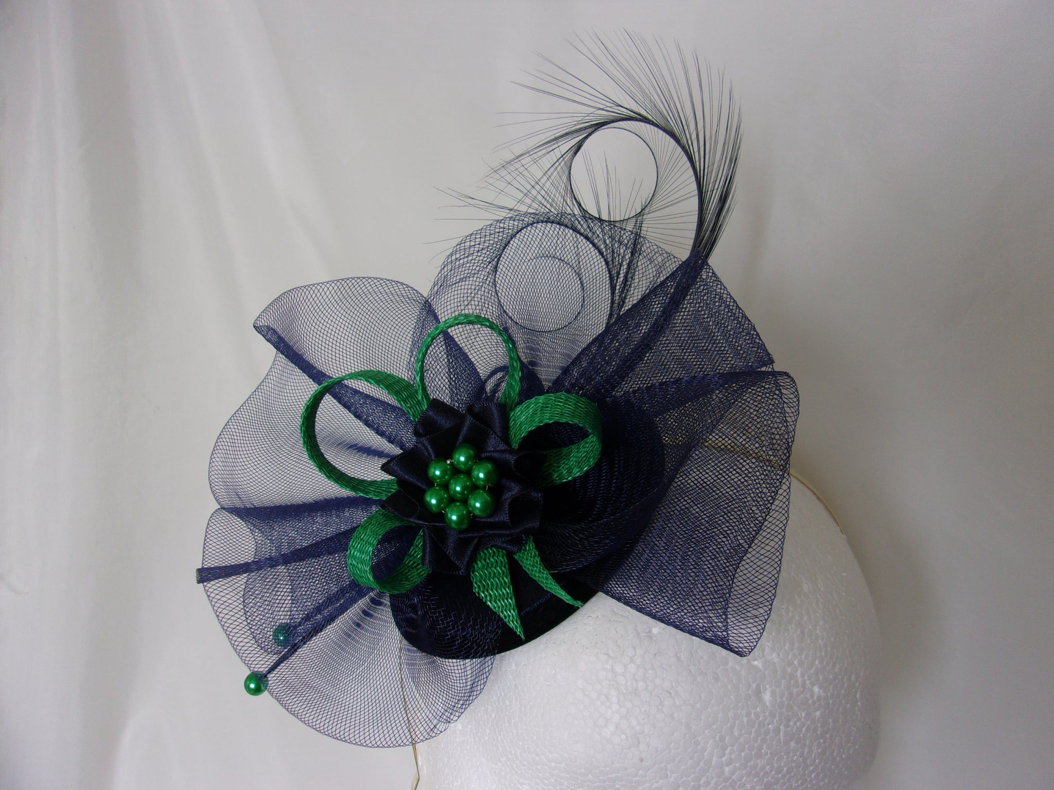 Navy & Emerald Green Elspeth Feather & Crinoline Fascinator Mini Hat ...